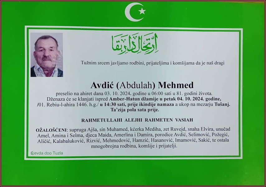 In memoriam: Mehmed (Abdulaha) AVDIĆ - Tuzla L!VE
