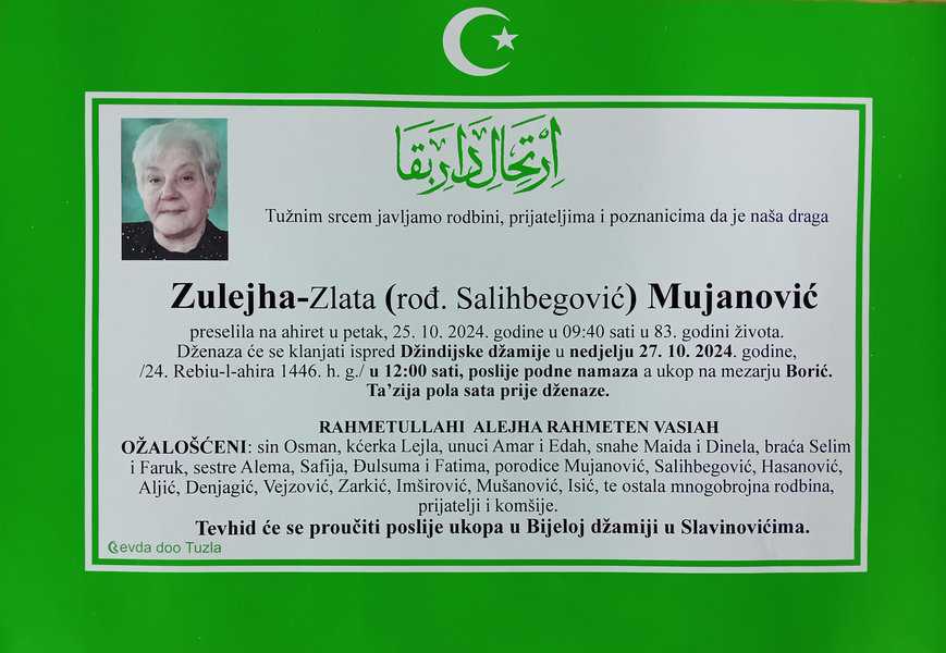 In memoriam: Zulejha-Zlata MUJANOVIĆ (Salihbegović) - Tuzla L!VE